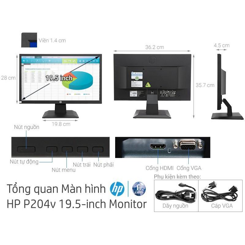 Màn hình HP P204V (19.5 inch/HD+/LED/200cd/m²/VGA/60Hz/5ms)